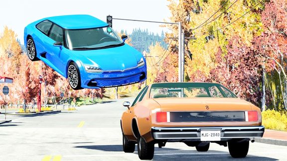 BeamNG:高速交通事故,小跑车来不及刹车连环相撞,拟真车祸模拟