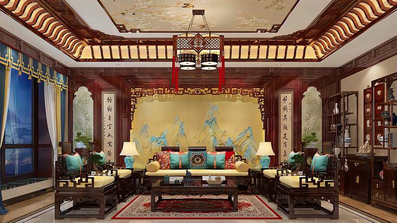古典风中式客厅装修,雕梁画栋,宫灯结彩,金箔金顶,华丽彩绘