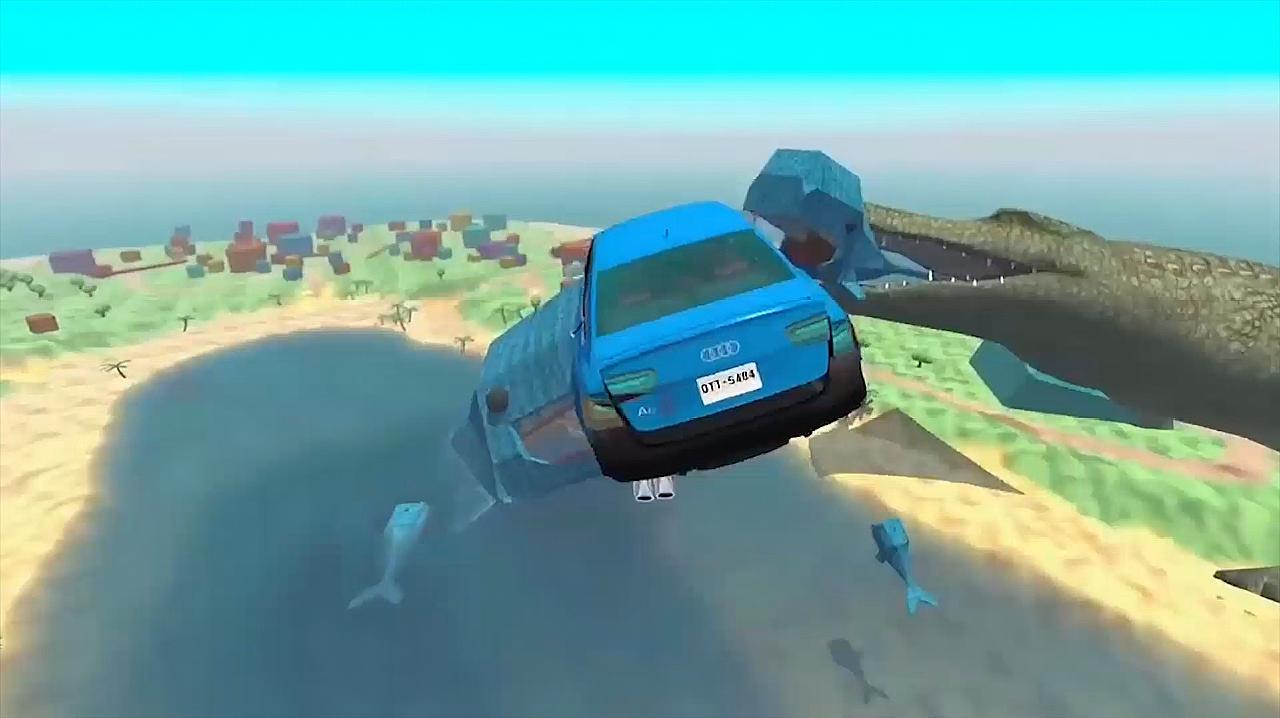 模拟车祸:奥迪A6轿车一跃而起冲向超大卡通动物模型,拟真车祸