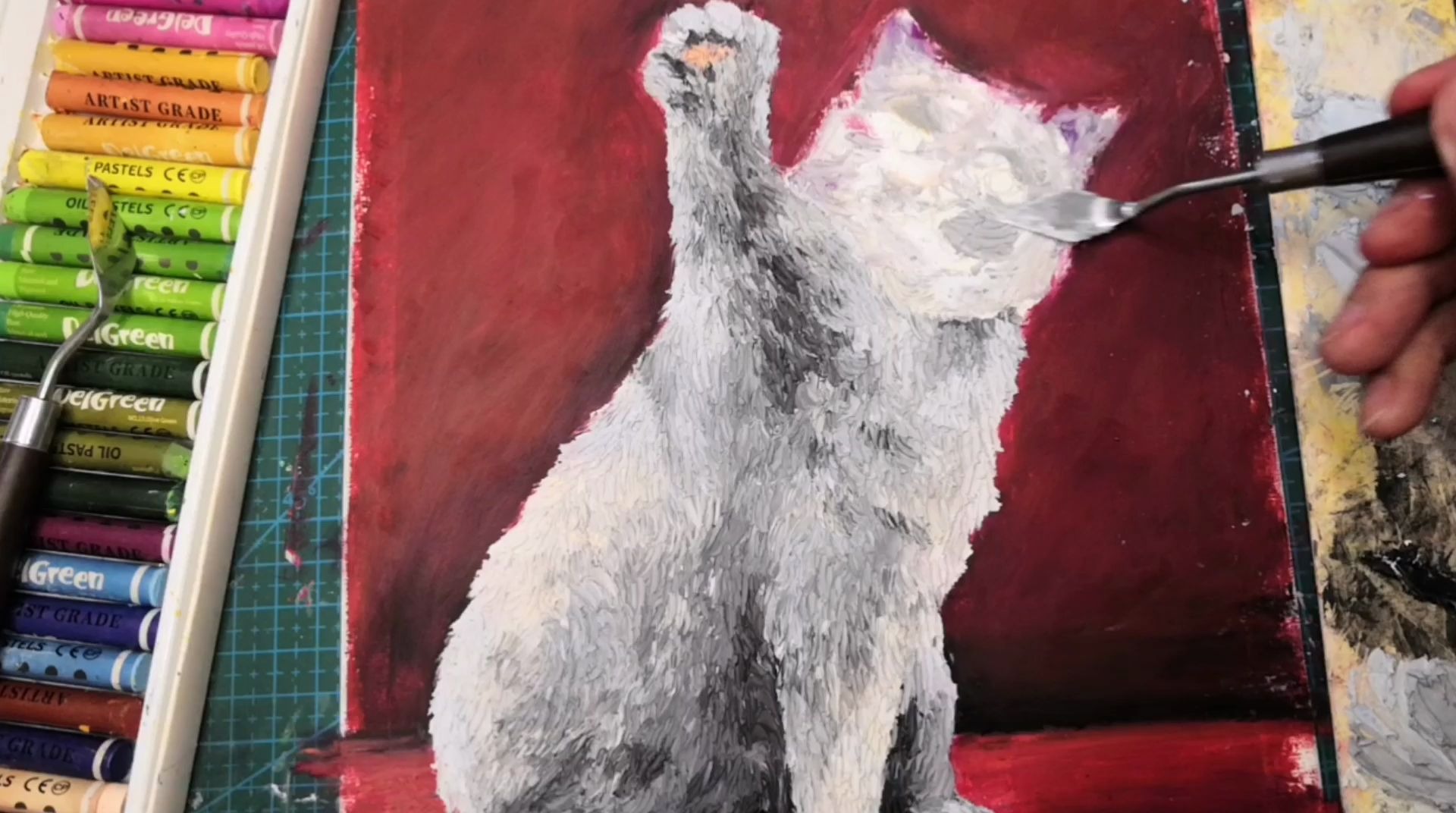 一把刮刀雕刻一只猫,油画棒创作中刮刀使用的小技巧