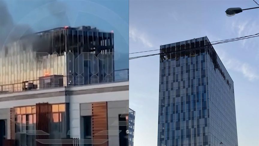 实拍:莫斯科遭乌克兰两架无人机袭击 两栋建筑受损,飞机残骸掉落