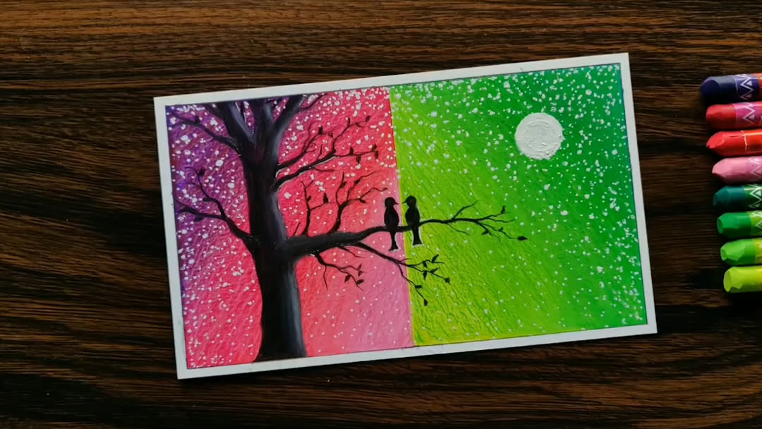 小小蜡笔:创意手工DIY明信片,树枝上嬉戏的两只小鸟