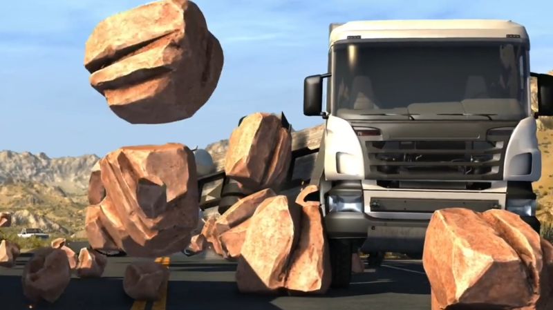 BeamNG:巨石滚落撞击大卡车,模拟真实车祸