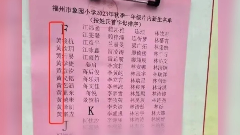 福建一小学名单将黄姓列入"F"拼音首字母?校长:语文老师手误打错,...