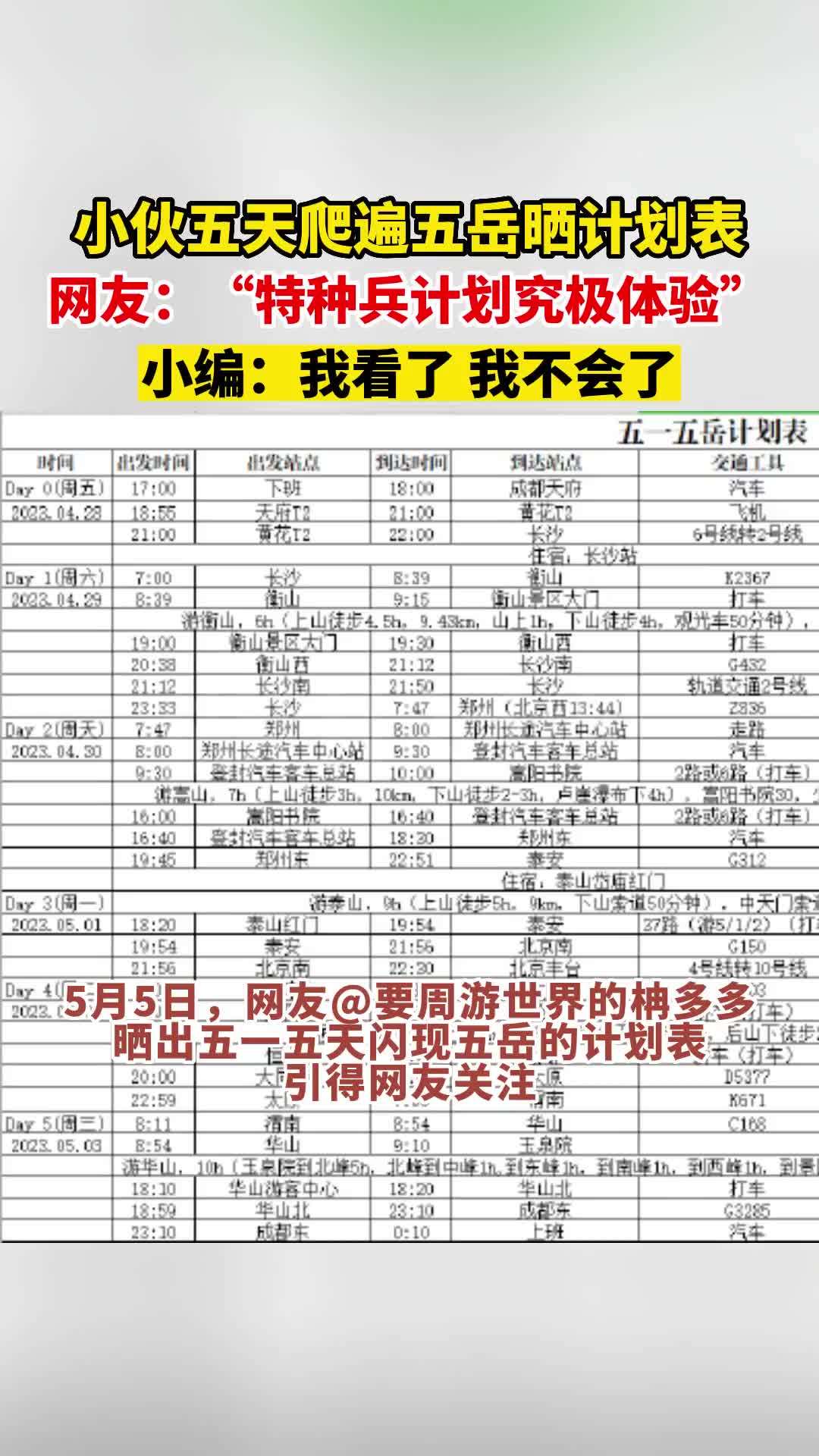 网友晒五天爬五岳计划表,小编表示:这计划表我都没勇气看完