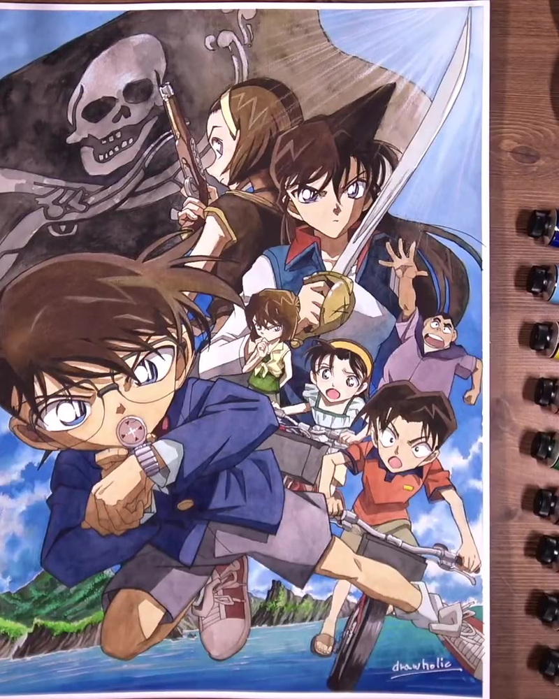 这才叫插画大神啊!韩国水彩大神绘制的名侦探柯南紺碧之棺海报!