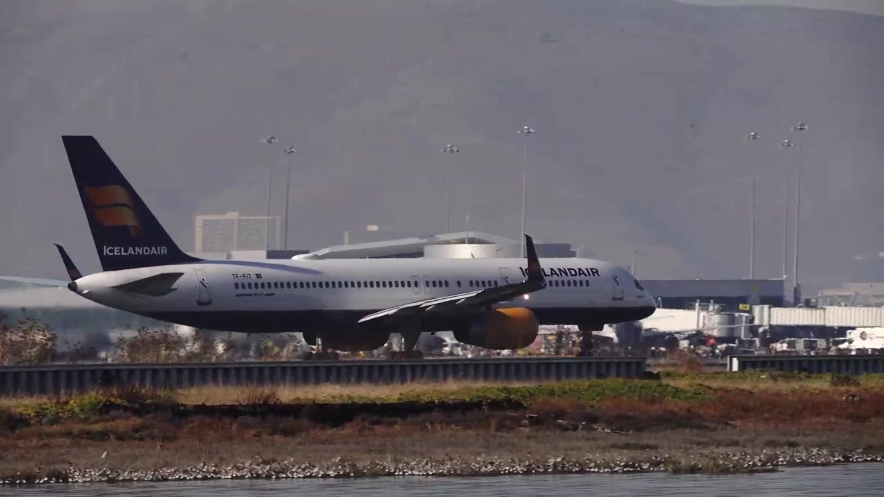 2架飞机一起降落在美国旧金山机场