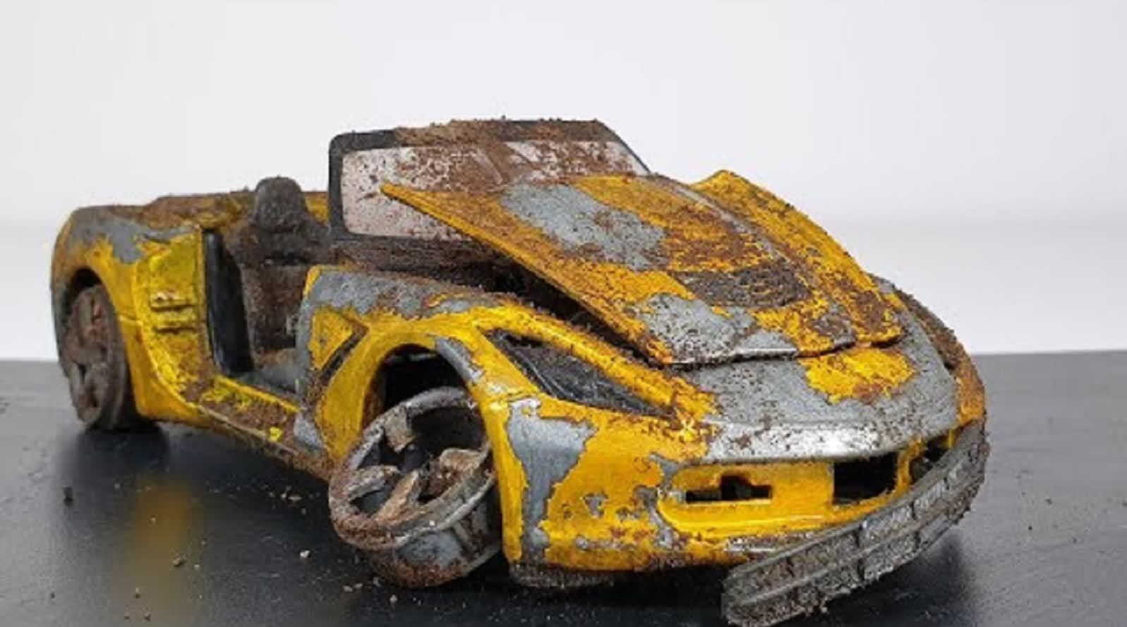 破旧雪佛兰克尔维特汽车模型翻新过程,修复手艺高超,焕然一新