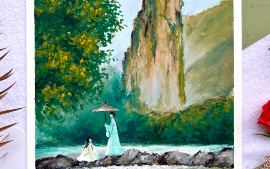 油画棒|古风真的只有画过才知道它有多美,烟雨朦胧,醉美景中人。这幅...