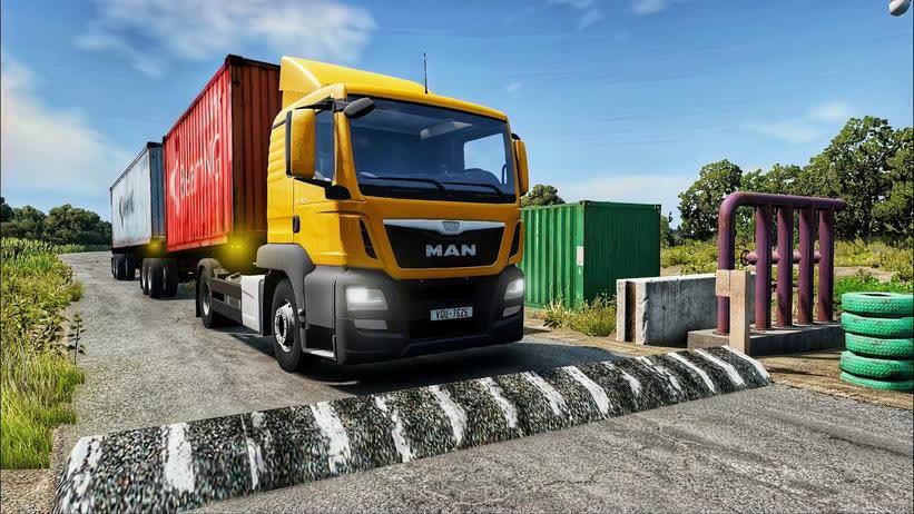 多种送快递的大货车排队过减速带,驾驶员测试卡车悬挂,BeamNG