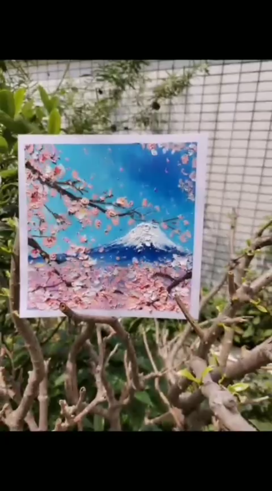 油画棒富士山与樱花速涂绘画作品#油画棒#