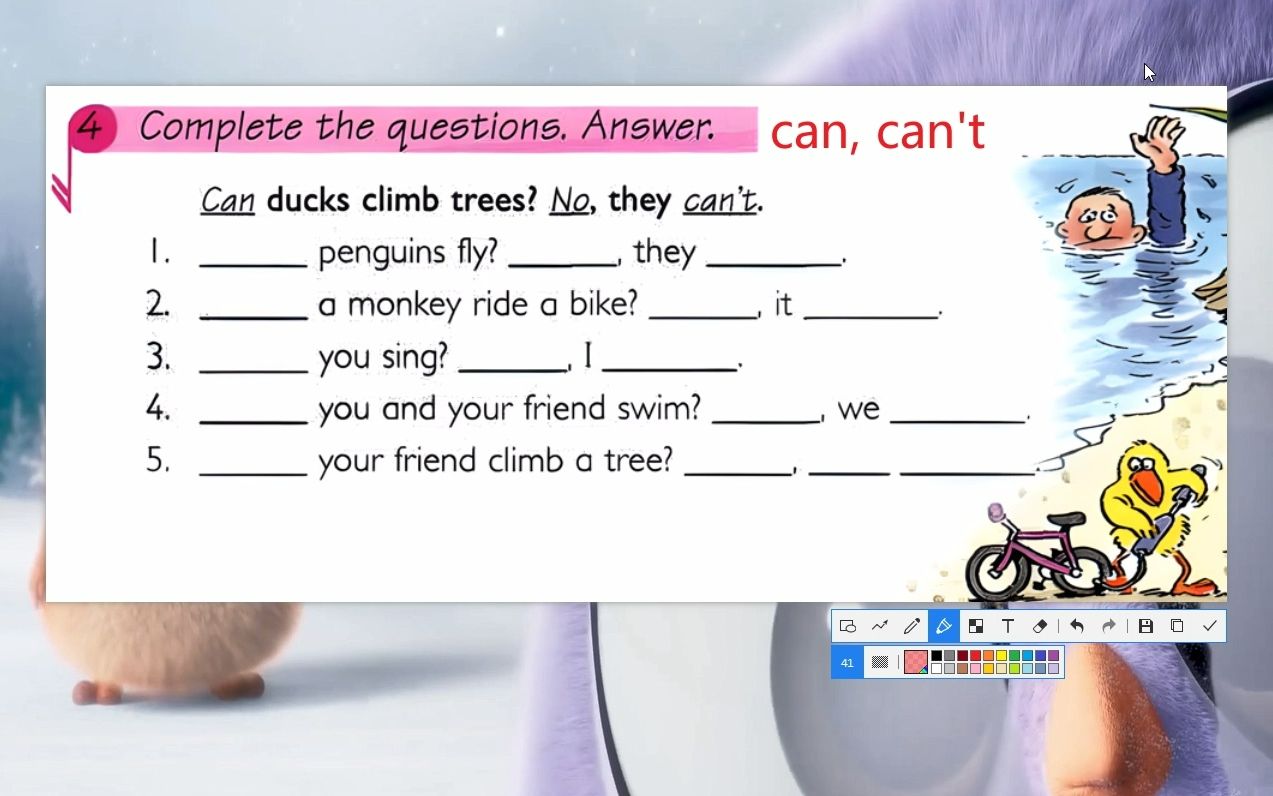 英语小学语法can, can't 练习讲解