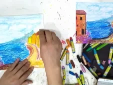 油画棒画海边和房子
