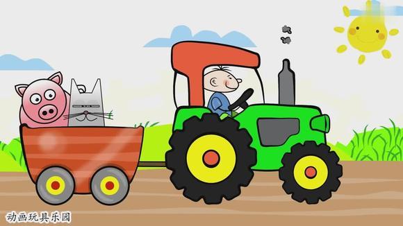 用彩色铅笔画漂亮的拖拉机,农夫开着拖拉机拉着猫、猪和母鸡