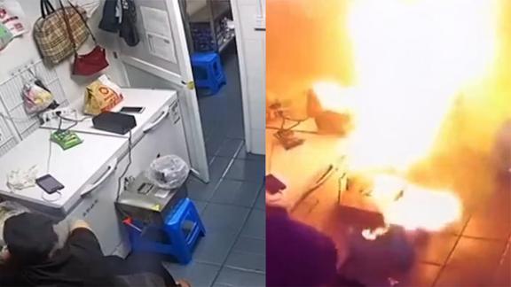 电池充电突发爆炸,巨大火球瞬间直冲天花板,员工躲避哭喊救命