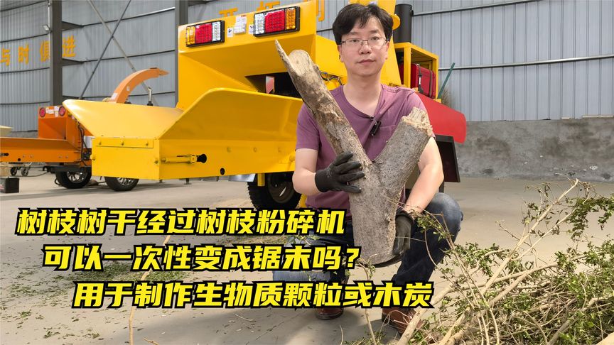 树枝树干经过树枝粉碎机一次性变成锯末,加工燃料颗粒或木炭?