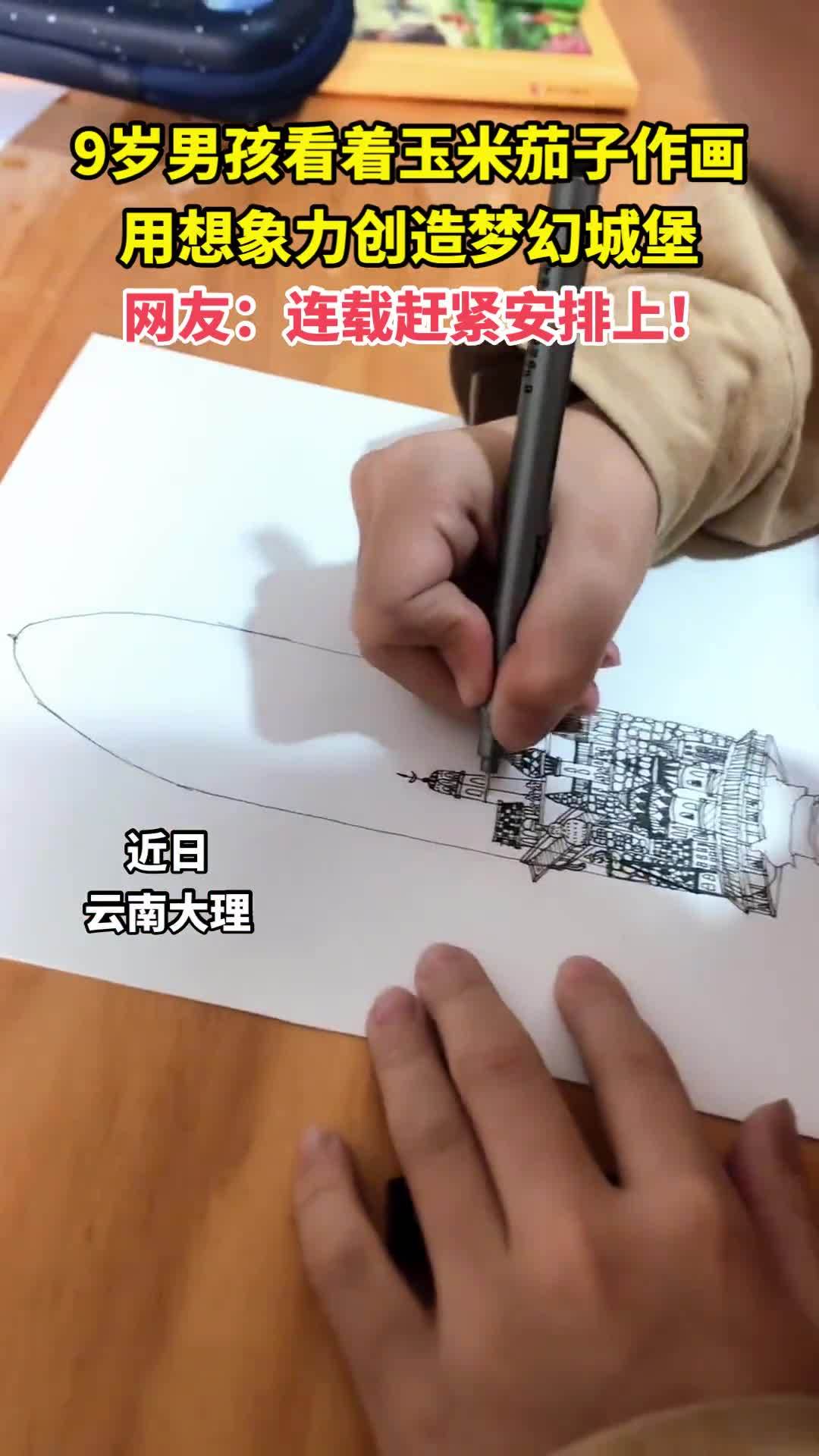 9岁男孩看着玉米、茄子作画,用想象力创造梦幻城堡