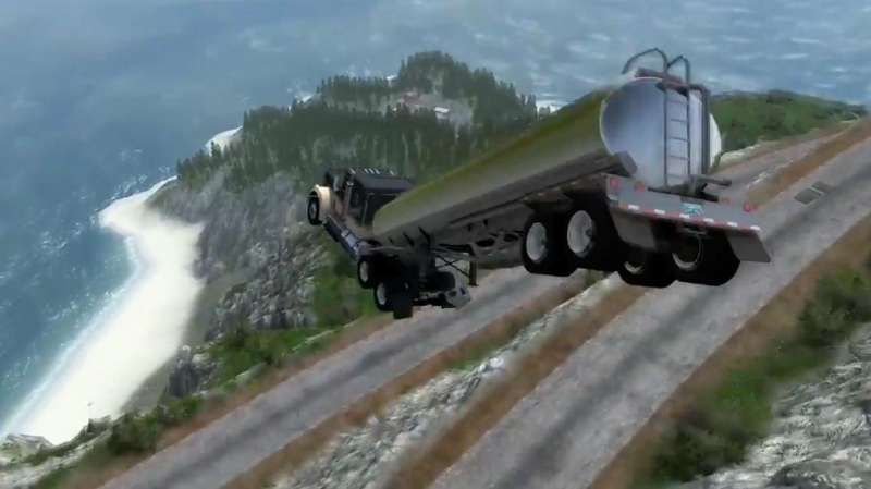 BeamNG:油罐车开足马力急转弯冲向悬崖,拟真车祸模拟游戏