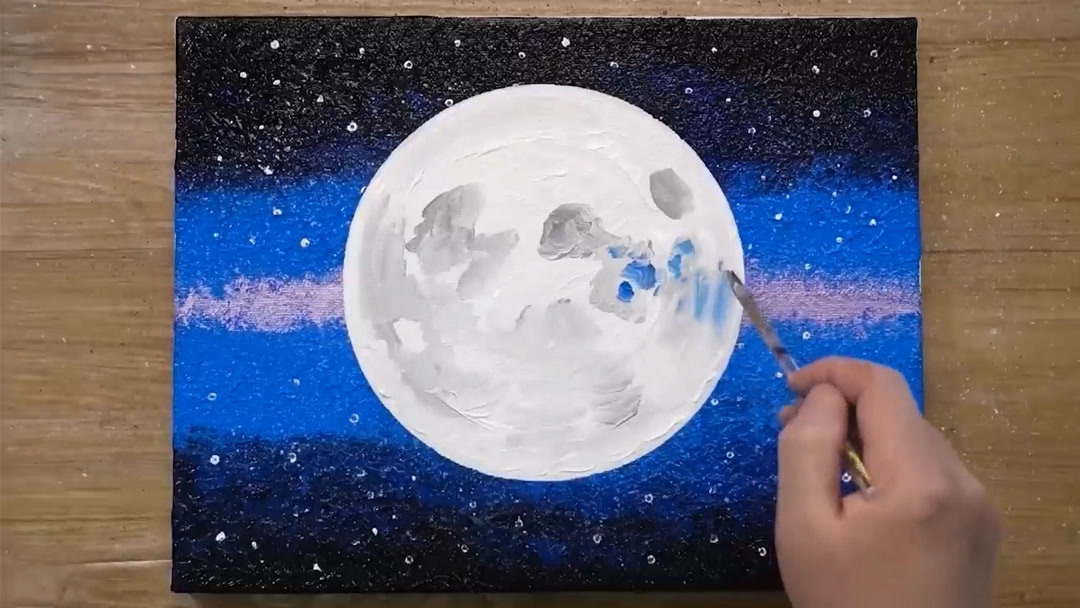 月圆贴画简易亚克力绘画技巧画星空月亮,油画初学者