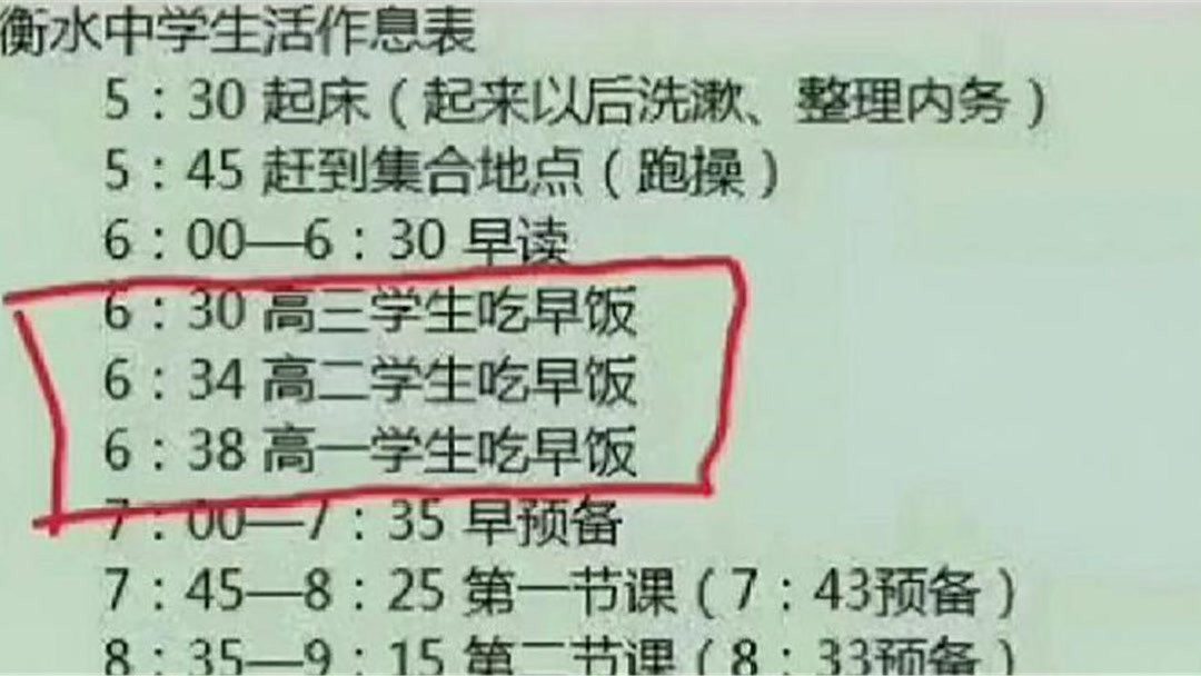 衡水中学的作息表,看看吃饭的时间,网友:差距一目了然!