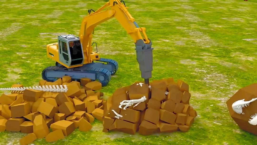 儿童工程车动画视频:挖掘机,钻土机,翻斗车一起挖掘霸王龙化石