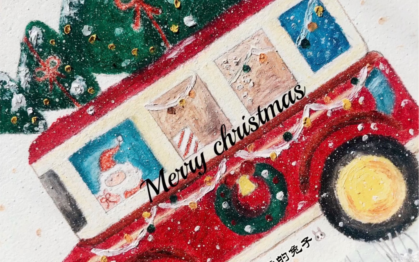 油画棒教程.圣诞.附详细绘画过程.还附有线稿保姆级视频教程.看了就会!