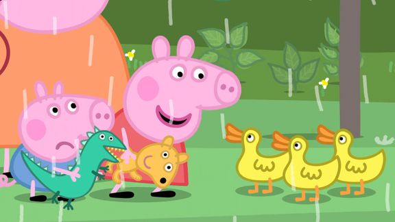 简笔画:下雨天,小猪佩奇看到小鸭子们在淋雨