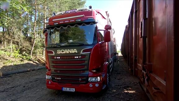 V8的斯堪尼亚卡车从火车上搬运木材到卡车上