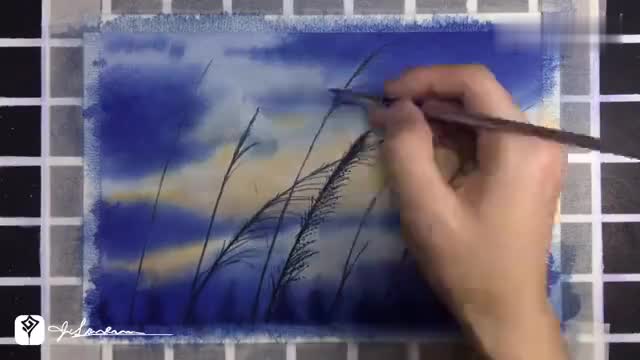 水彩教程,水彩手绘简单风景画系列、晚霞和草