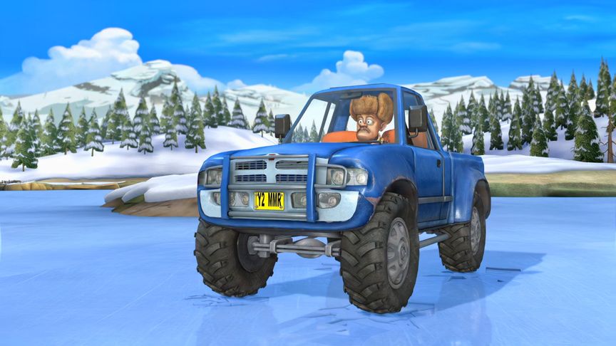 熊出没:光头强雪地里飙车,结果车子失控,直接开到湖面上去了