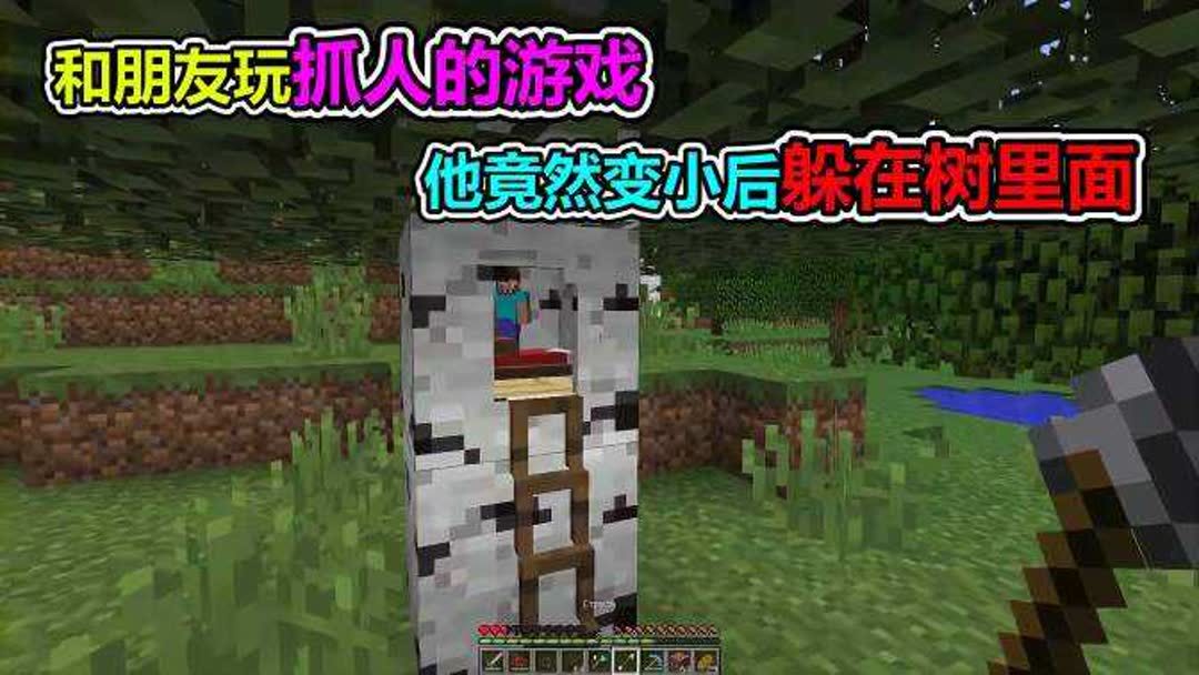MC我的世界:和朋友玩抓人游戏,他竟然躲到树里面