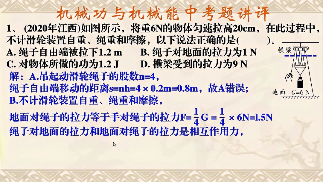 2020年江西中考物理真题:滑轮组的综合计算