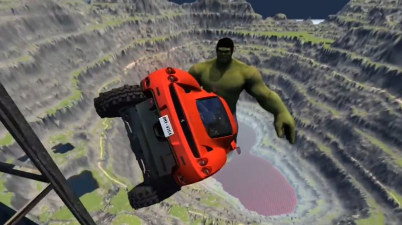 BeamNG:改装法拉利开足马力冲向超大绿巨人,模拟真实车祸