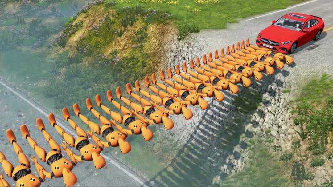 老司机开车不看路,宝马M4开足马力冲向超长人桥,车祸模拟器