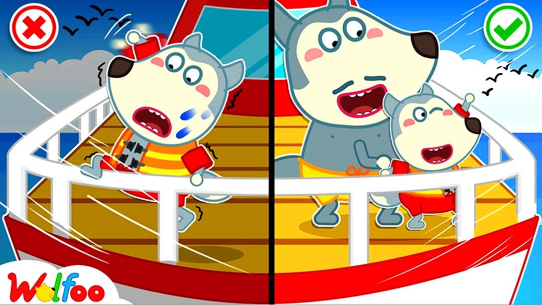 沃尔夫动画:坐船不要爬船栏杆,这样很不安全,学习儿童安全提示