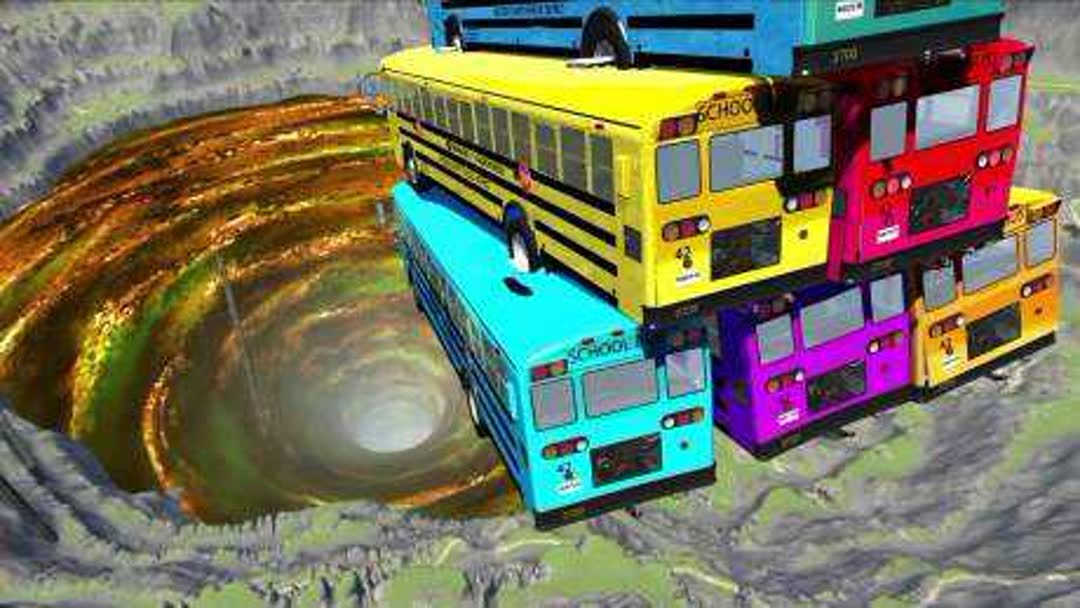 五彩大巴车组成金字塔从超大采矿坑上冲下去,车祸模拟器(56)