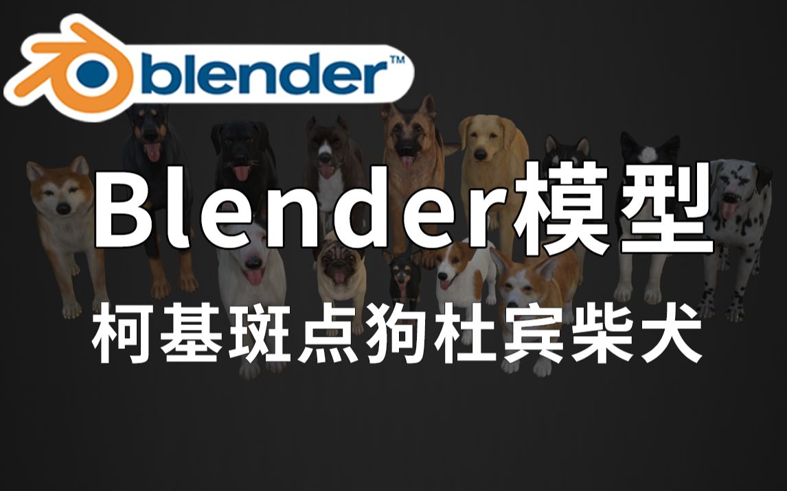 精品Blender宠物狗狗模型,包括柯基、斑点狗、杜宾柴犬、哈士奇、...
