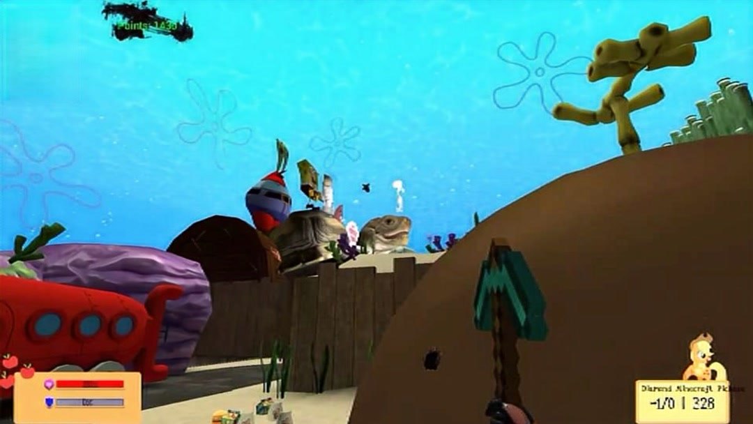 游戏:海绵宝宝派大星、蟹老板、章鱼哥、珊迪站在巨型乌龟的壳上