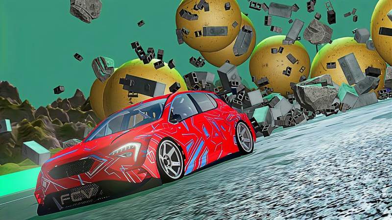 3D动画模拟:汽车勇闯滚石阵,下场真是太惨了