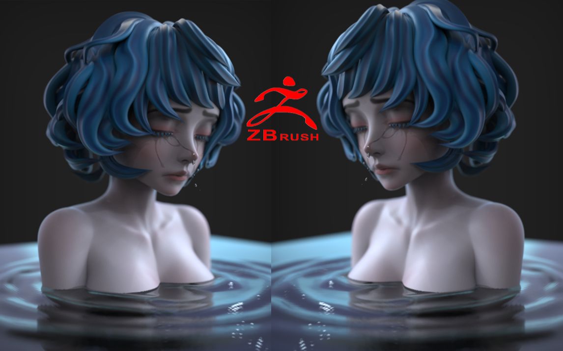...从球开始雕刻水中落泪绝美女孩,教你正确雕刻角色五官,上色以及渲染