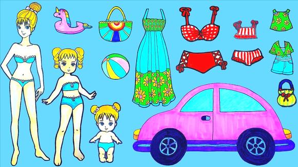 创意剪纸画,为纸娃娃设计夏日沙滩亲子装,还有游泳的比基尼!