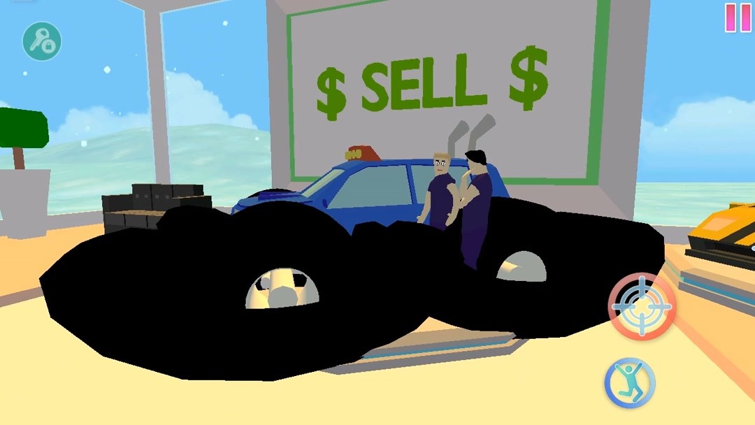 沙盒趣味模拟器 大脚车这是咋地啦?轮胎突然就变这么大了呢?