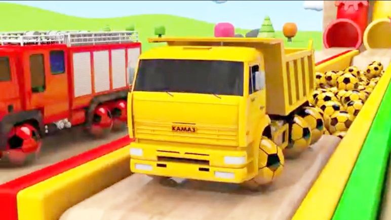 汽车动画:十辆迷你工程车跳进彩色颜料池染上漂亮的颜色