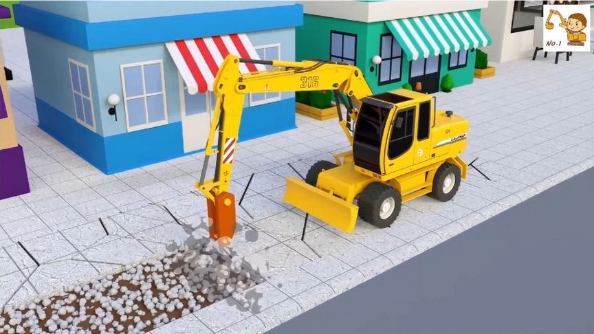 破碎式挖掘机、装载机、翻斗卡车帮助商业街修路 工程车动画片
