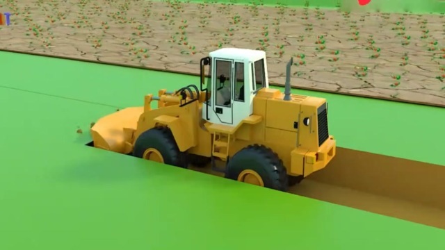 趣味动画工程挖掘机推土机翻斗车挖水渠建管道