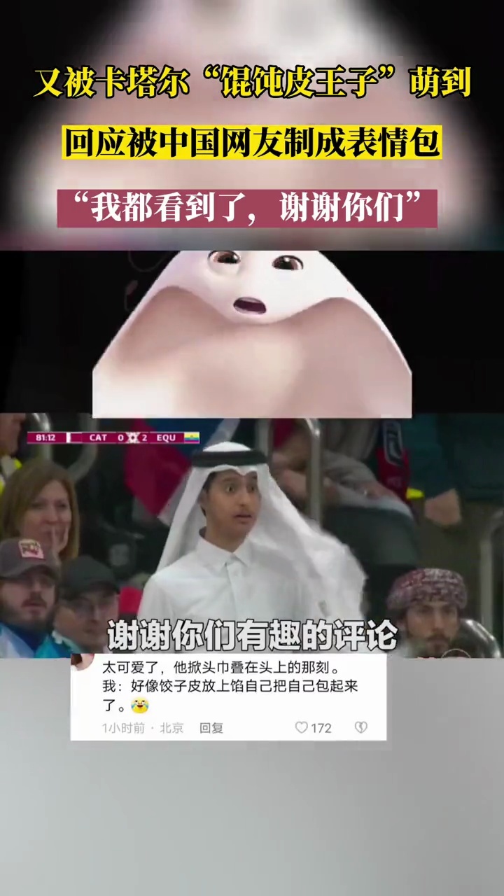 又被卡塔尔"馄饨皮王子"萌到,回应被中国网友制成表情包,"我都看到了,...