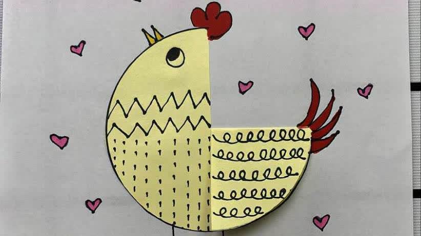 两张纸轻松完成的公鸡粘贴画,带孩子做,简单又好看