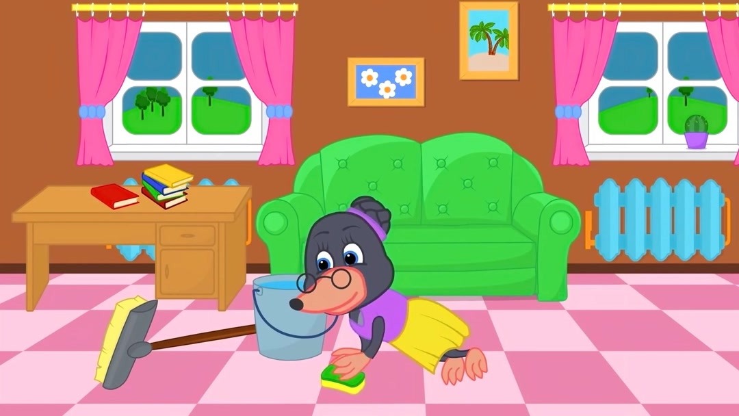 小孩子在家帮妈妈做家务,看见地面脏了,帮妈妈扫地