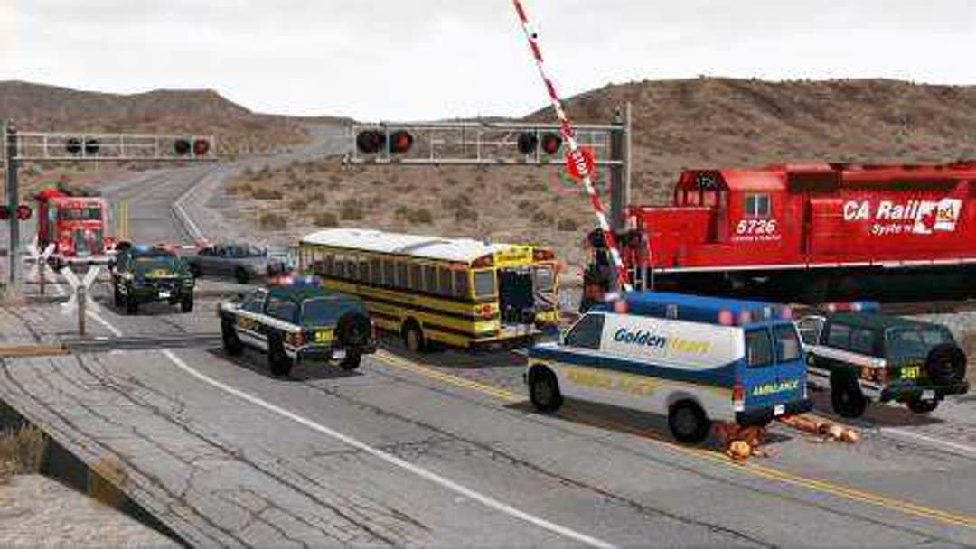 巨无霸铰接式大巴车和校车事故,爆胎卡在火车铁轨上,车祸模拟器