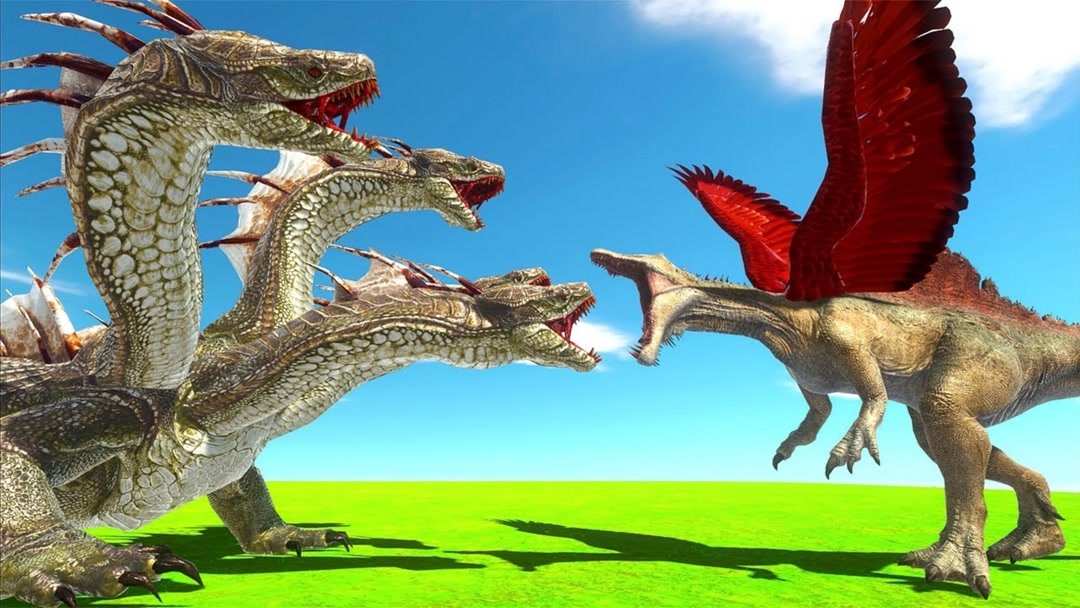 动物战争模拟器:飞龙霸王龙棘背龙天灾VS金刚沧龙大鱿鱼!谁能赢